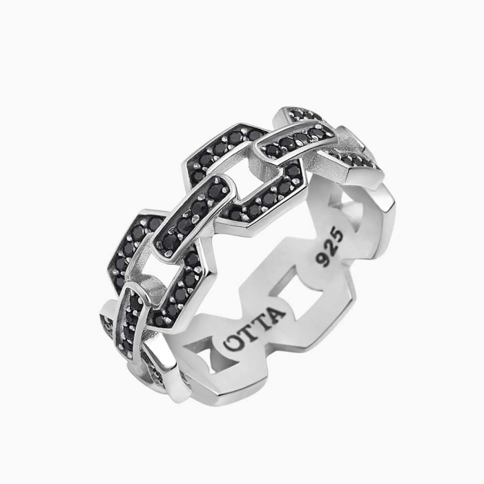 Silver Chain Band Ring Black Zircon - 8.5 mm