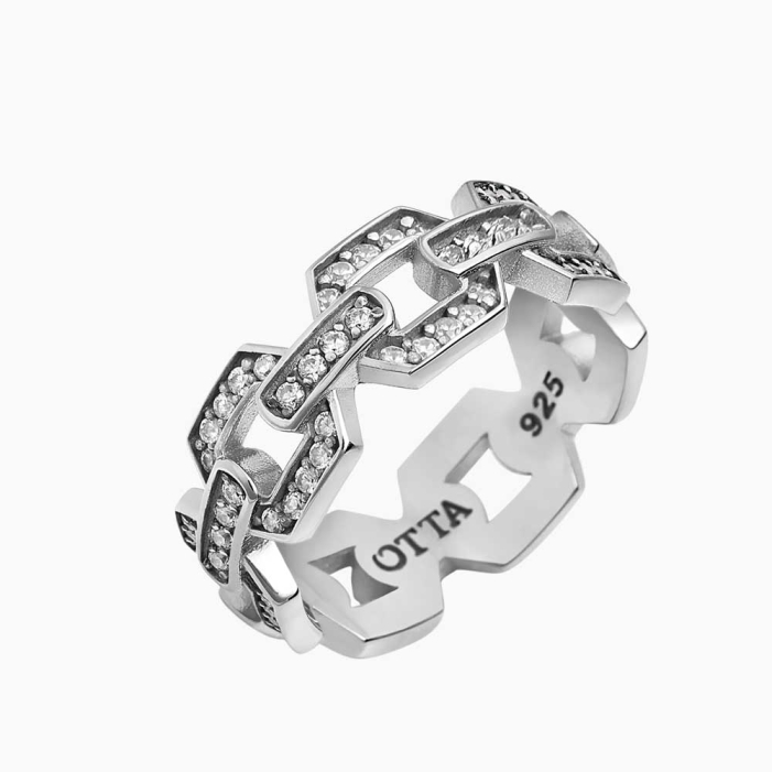 Silver Chain Band Ring White CZ Diamonds - 8.5 mm