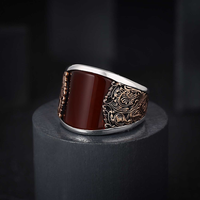 Curved Silver Men's Ring with Red Agate