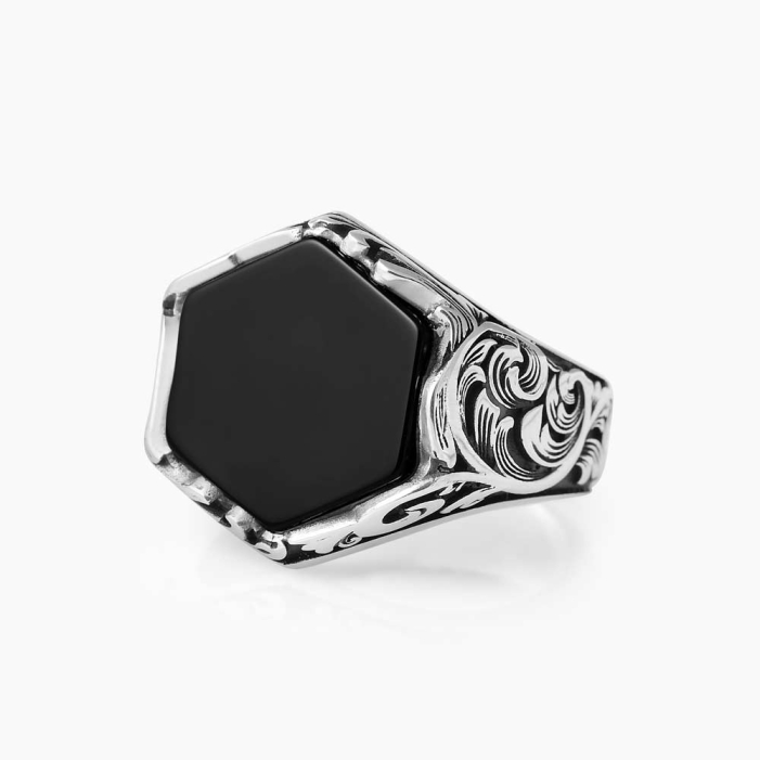 Hand Engraved Black Onyx Ring