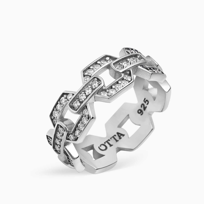 Silver Chain Band Ring White CZ Diamonds - 8.5 mm