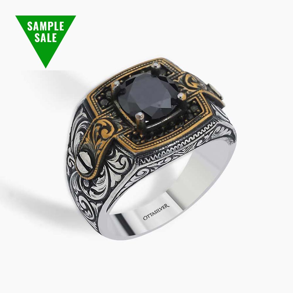 Black Zircon Stone Engraved Ring