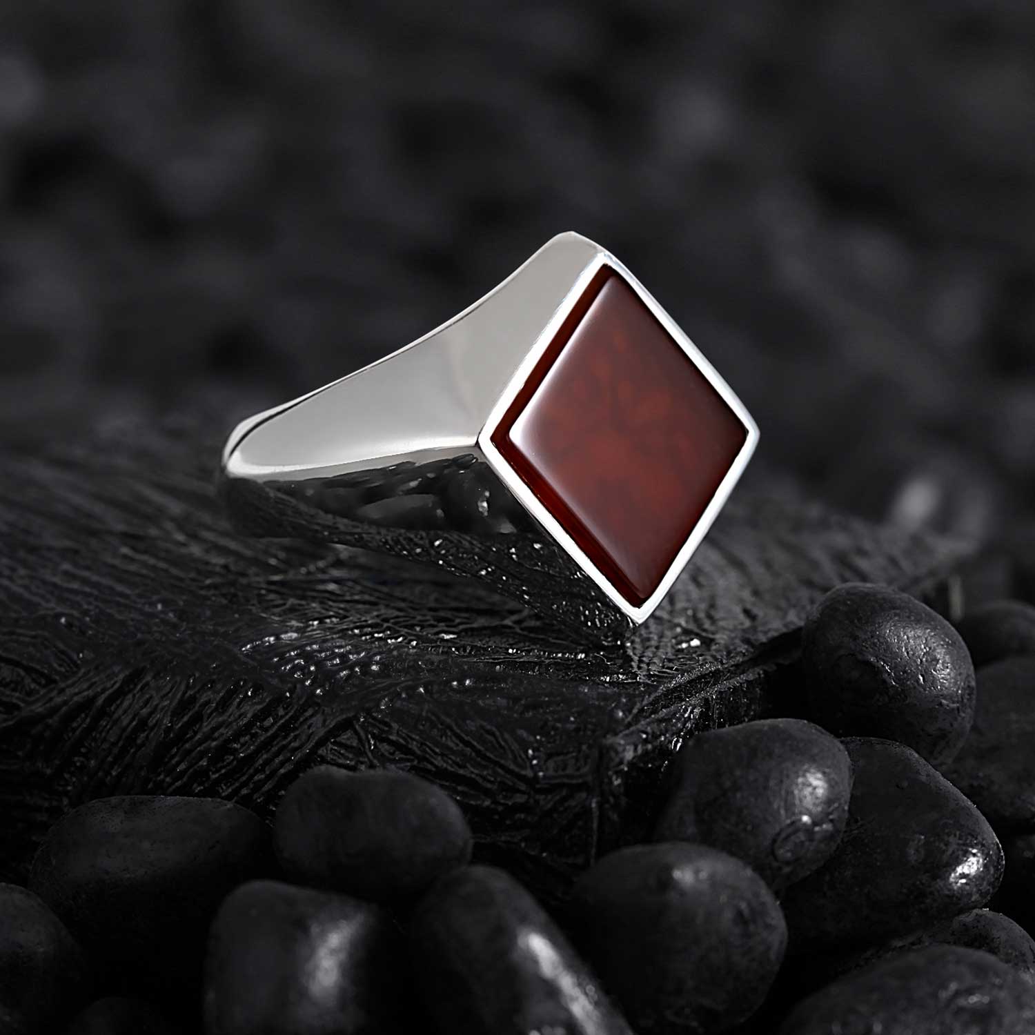 Modern Square Silver Ring with Red Agate